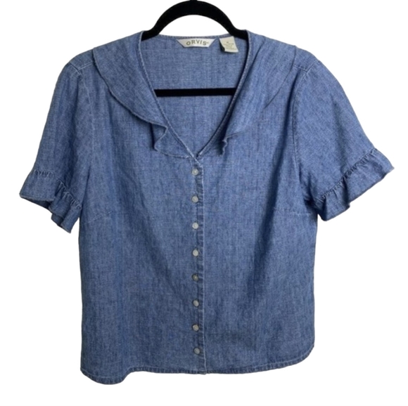 Vintage | Tops | Vintage Orvis Chambray Ruffle Button Cotton Top | Poshmark